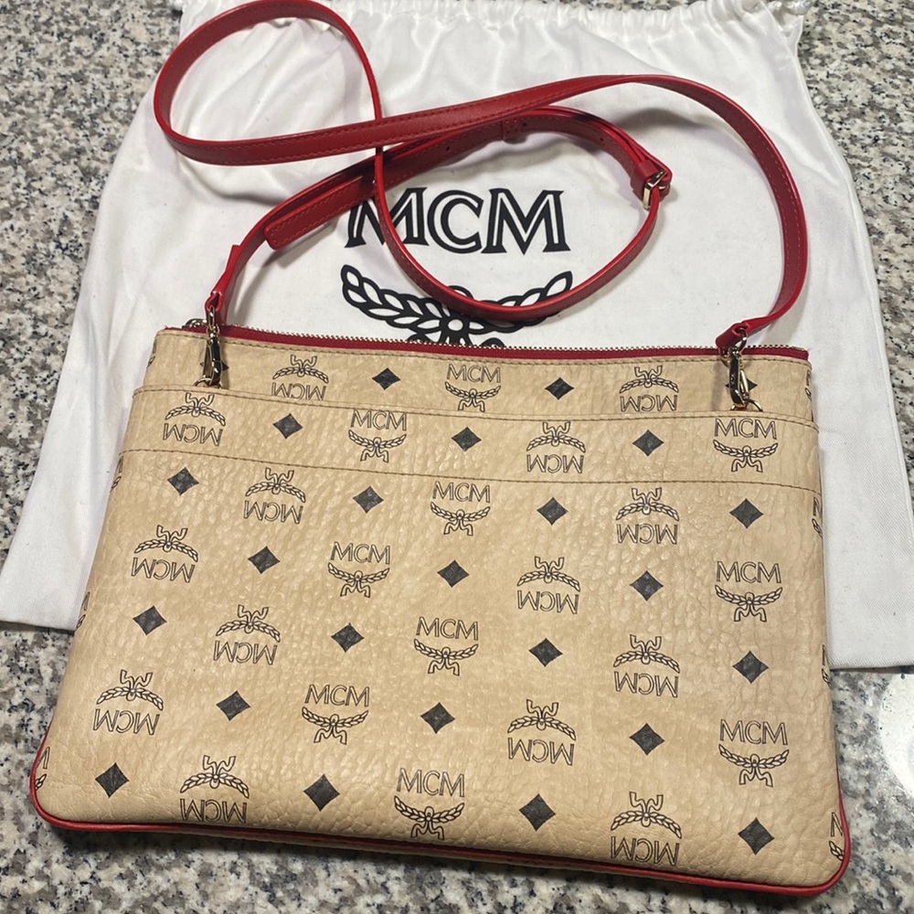 Mcm Visetos Crossbody Pouch Purse Red/Cream/Black - Gem